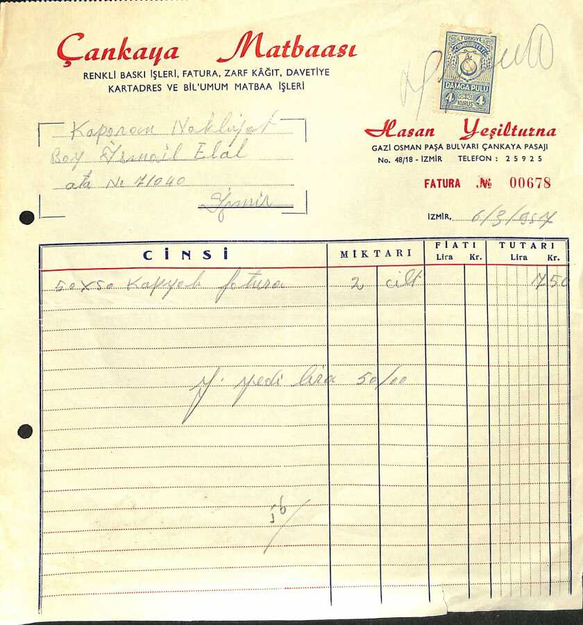 1957 Çankaya Matbaası Hasan Yeşilturna Antetli Islak İmzalı Damga Pullu ...