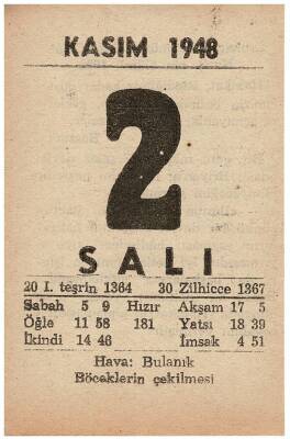 2 Kasım 1948 Takvim Yaprağı EFM836 1941 - 1950 Gökçekoleksiyon