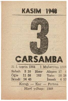 3 Kasım 1948 Takvim Yaprağı EFM835 1941 - 1950