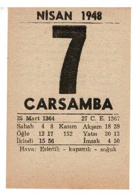 7 Nisan 1948 Takvim Yaprağı EFM899 1941 - 1950