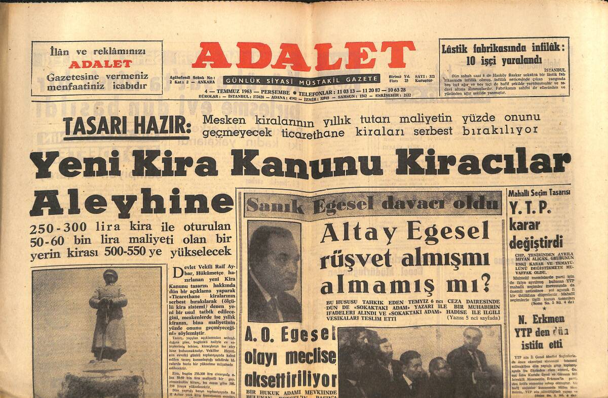 Adalet Gazetesi 4 Temmuz 1963 - Nizamettin Erkmen YTP'DEN Dün İstifa ...