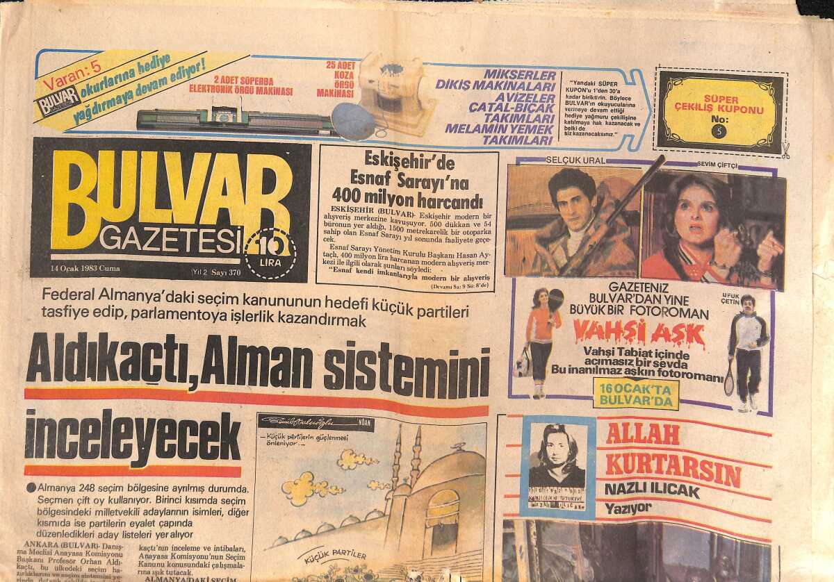 Bulvar Gazetesi 14 Ocak 1983 - Para İle Saadet Olmaz * Marilyn Monroe ...