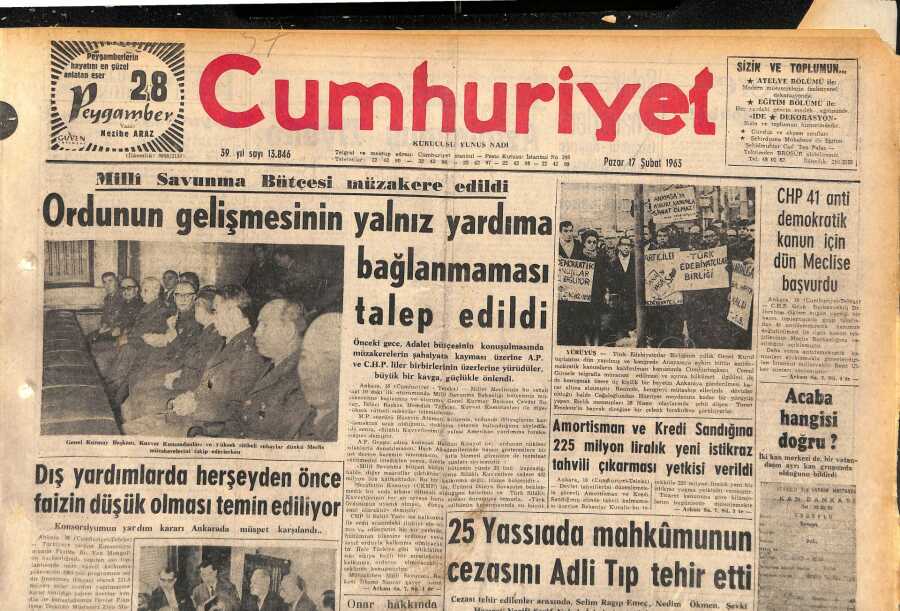 Cumhuriyet Gazetesi 17 Şubat 1963 - Ünlü Aktör Salih Tozan Vefat Etti ...