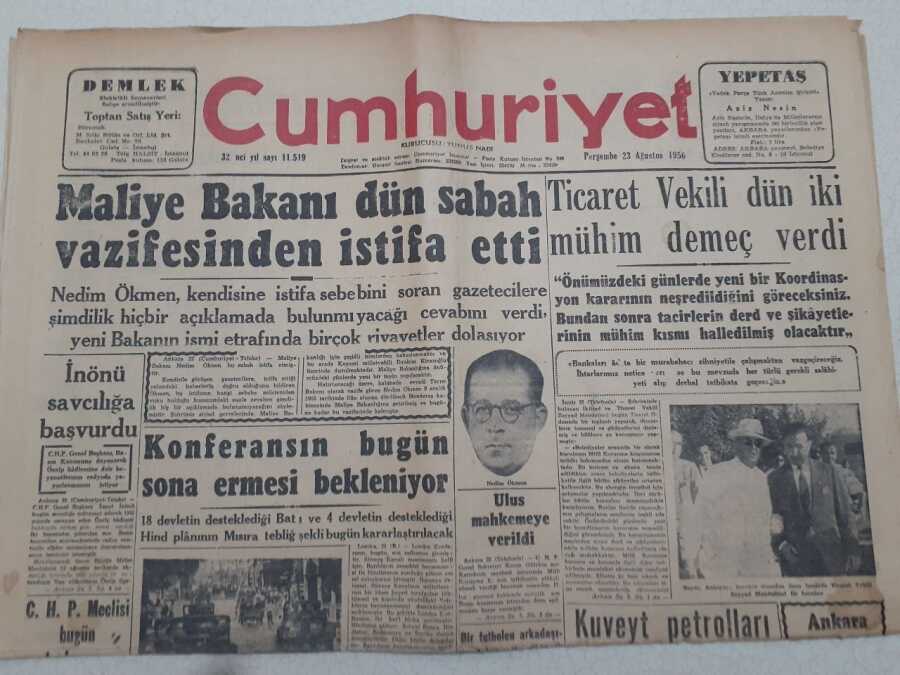 Cumhuriyet Gazetesi 23 Ağustos 1956 Nedim Ökmen Dün İstifa Etti