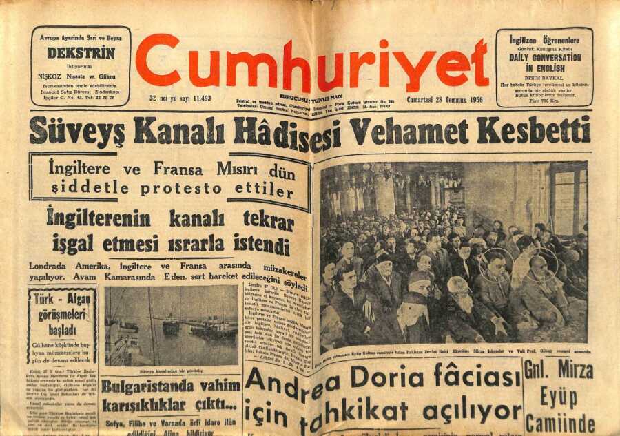 Cumhuriyet Gazetesi 28 Temmuz 1956 Süveyş Kanalı Hadisesi Vehamet