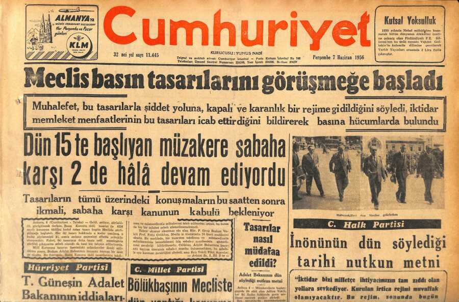 Cumhuriyet Gazetesi 7 Haziran 1956 İnönünün Dün Söylediği Tarihi