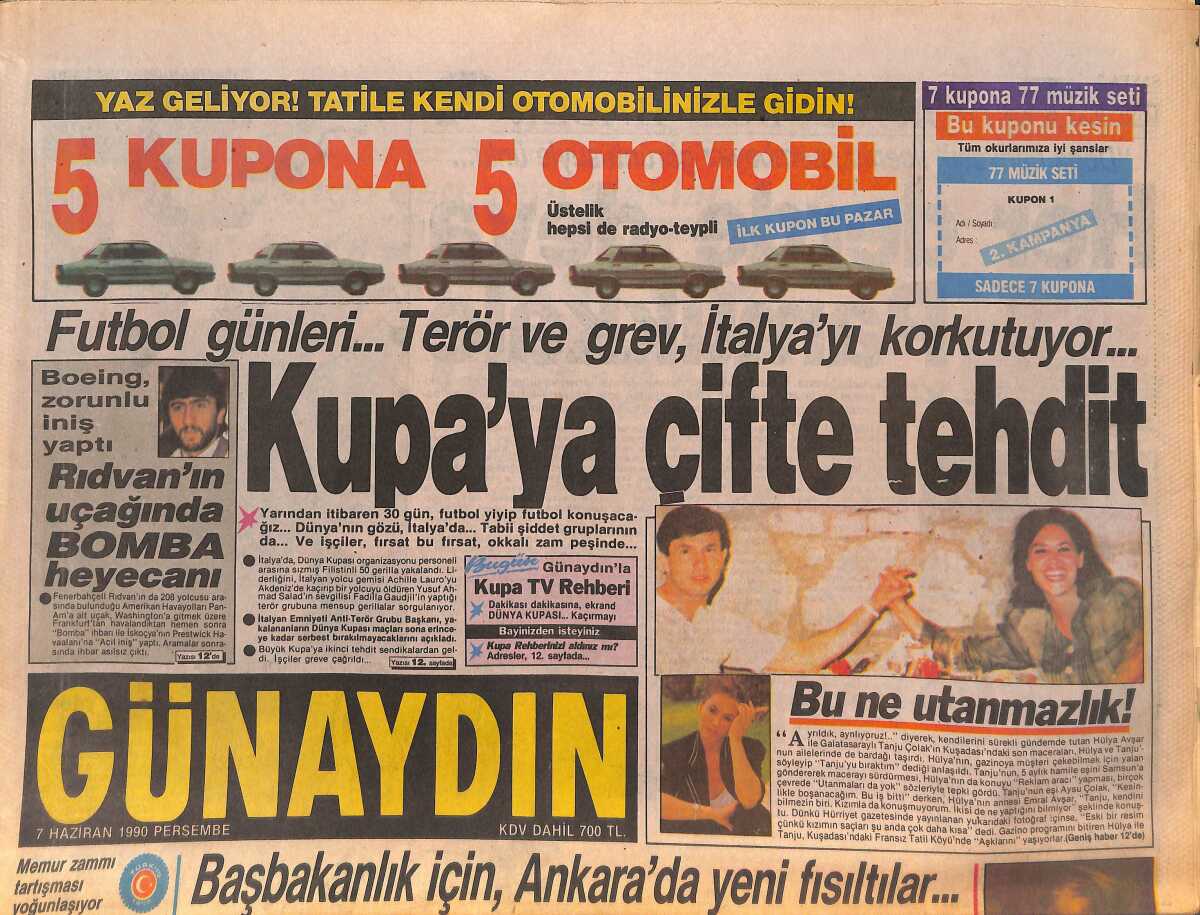Günaydın Gazetesi 7 Haziran 1990 - Rıdvan Dilmen'in Uçağında Bomba ...