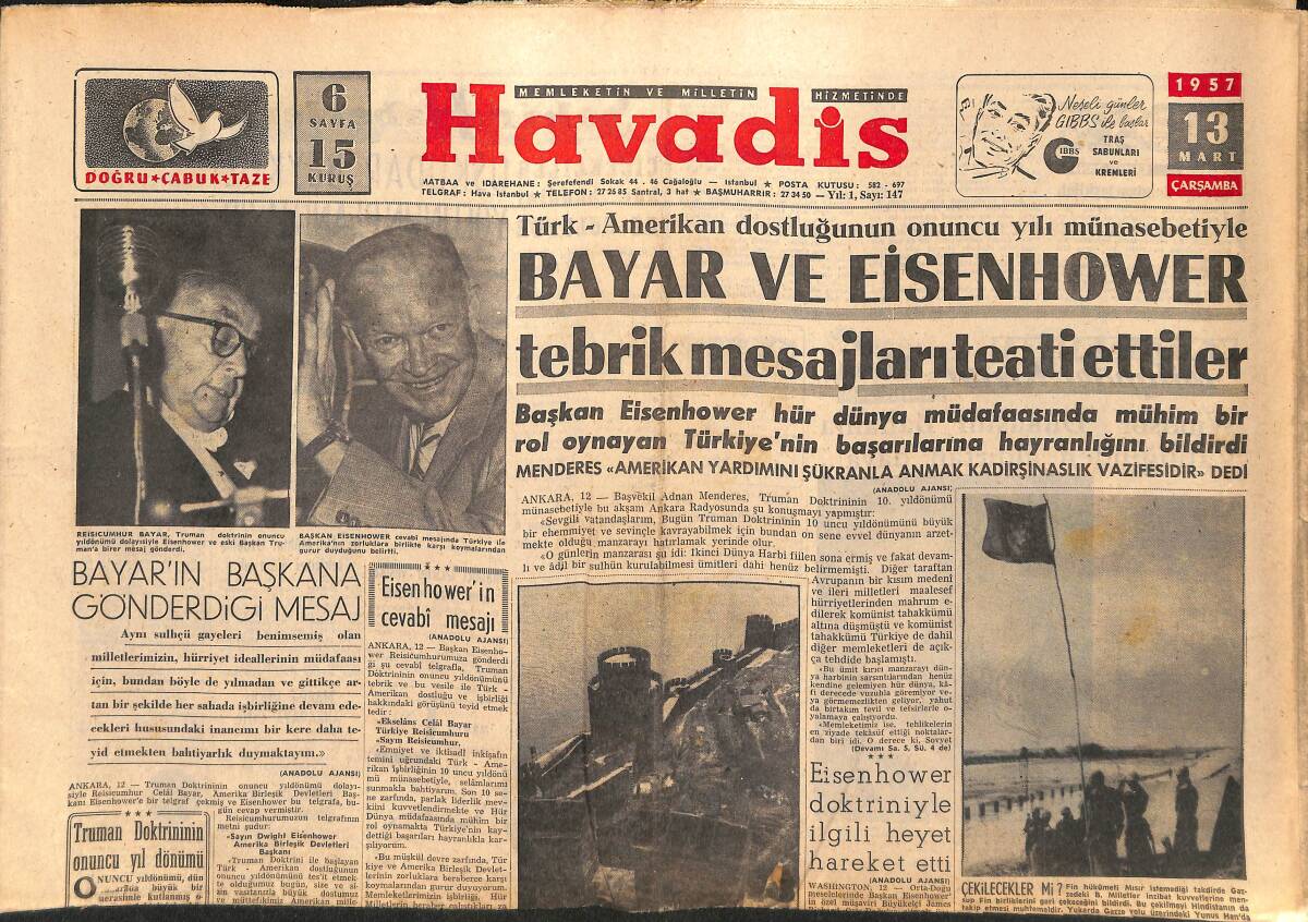 Havadis Gazetesi 13 Mart 1957 - İstanbul Rivyeraya Kavuşuyor - Bayar Ve ...