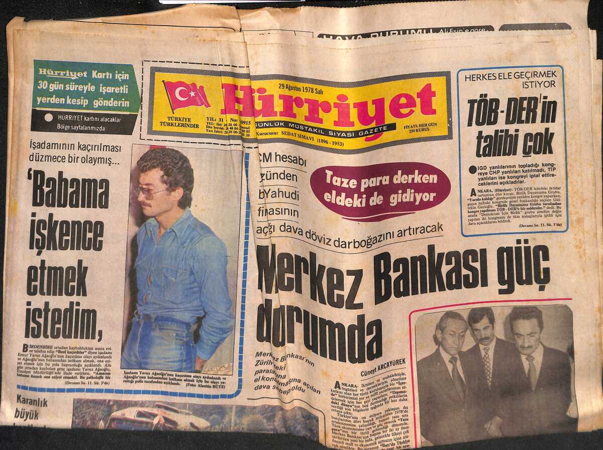 Hürriyet Gazetesi 29 Ağustos 1978 - Ecevit'in Yüzü Asıldı - TÖB-DER'in ...