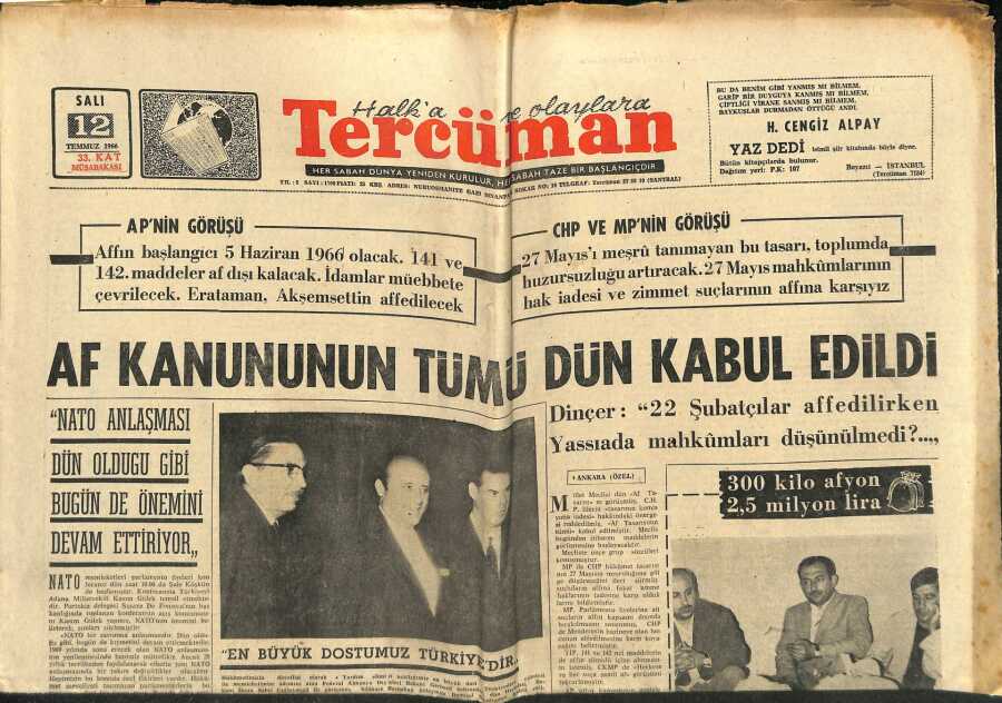 Tercüman Gazetesi 12 Temmuz 1966 Dirikin Apden İhracı Bozuldu Af
