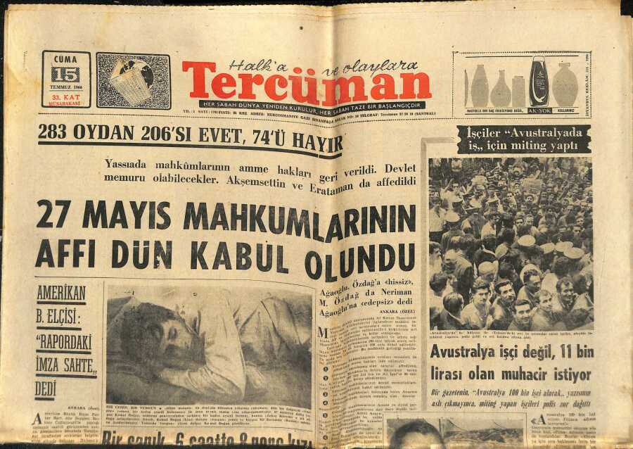 Tercüman Gazetesi 15 Temmuz 1966 Avustralya İşçi Değil 11 Bin
