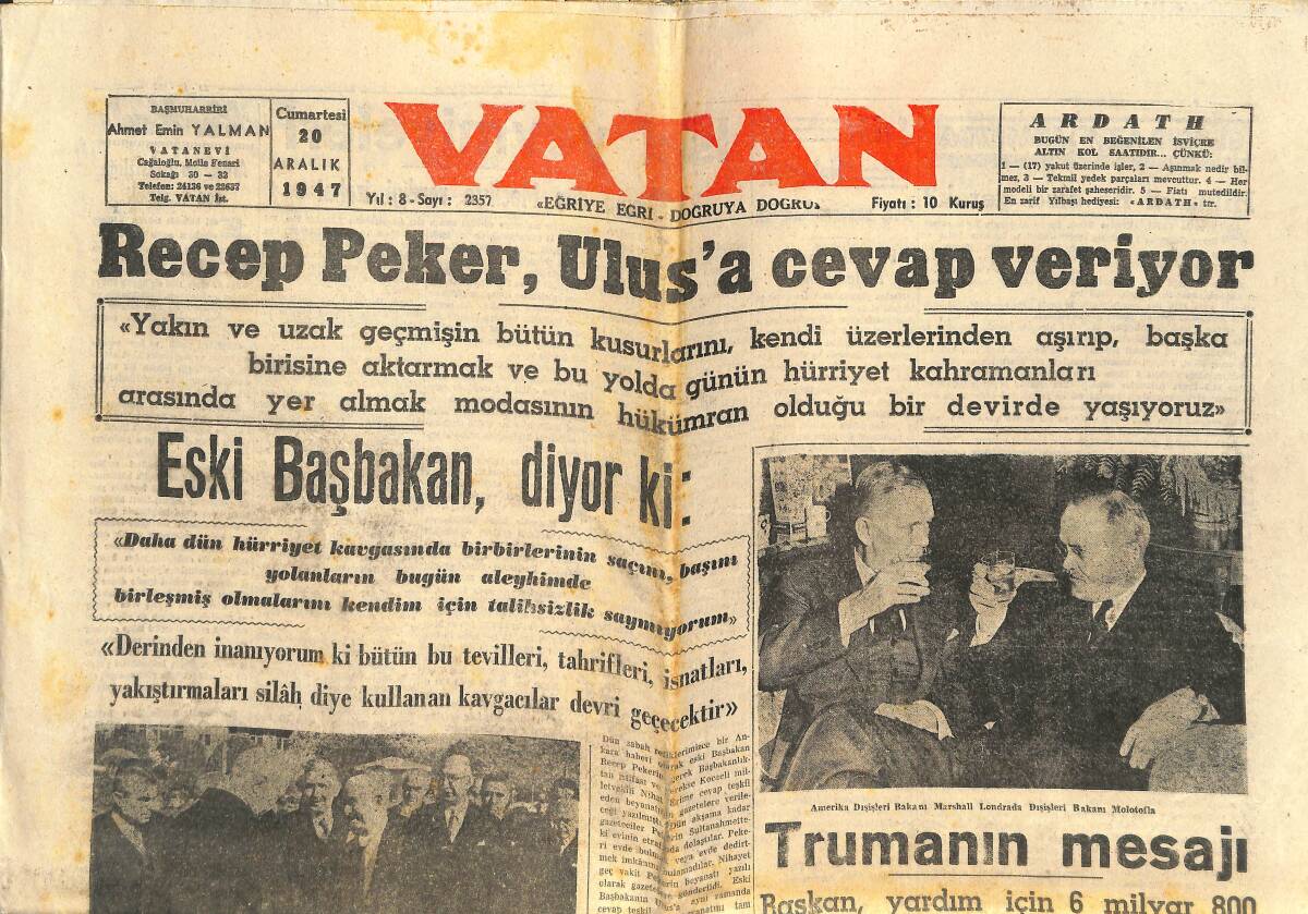 Vatan Gazetesi 20 Aralık 1947 - Recep Peker, Ulus'a Cevap Veriyor ...