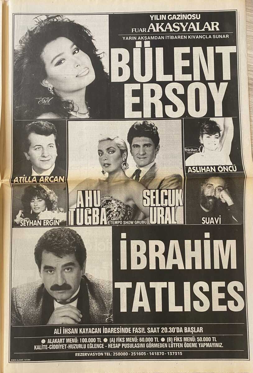Yeni Asır Gazetesi 24 Ağustos 1989 - Yılın Gazinosu Bülent Ersoy ...