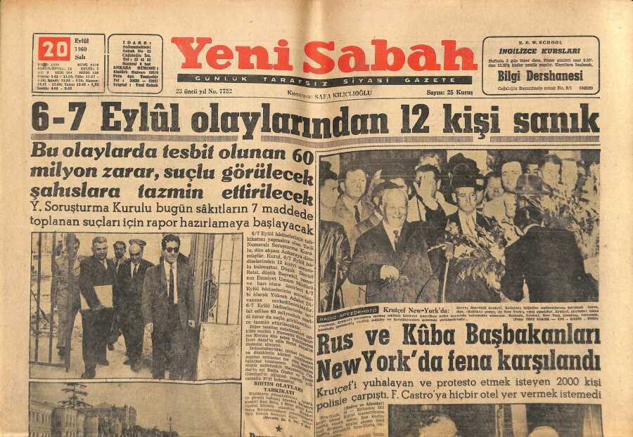 Yeni Sabah 20 Eylül 1960 - 6-7 Eylül Olaylarından 12 Kişi Sanık - İhtiyarlanmayan Erkek Ünlü ...